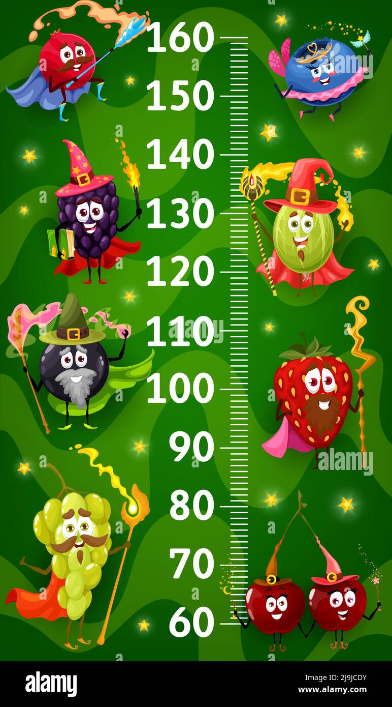 Cartoon wizard, mage and fairy berry characters. Kids height chart ...