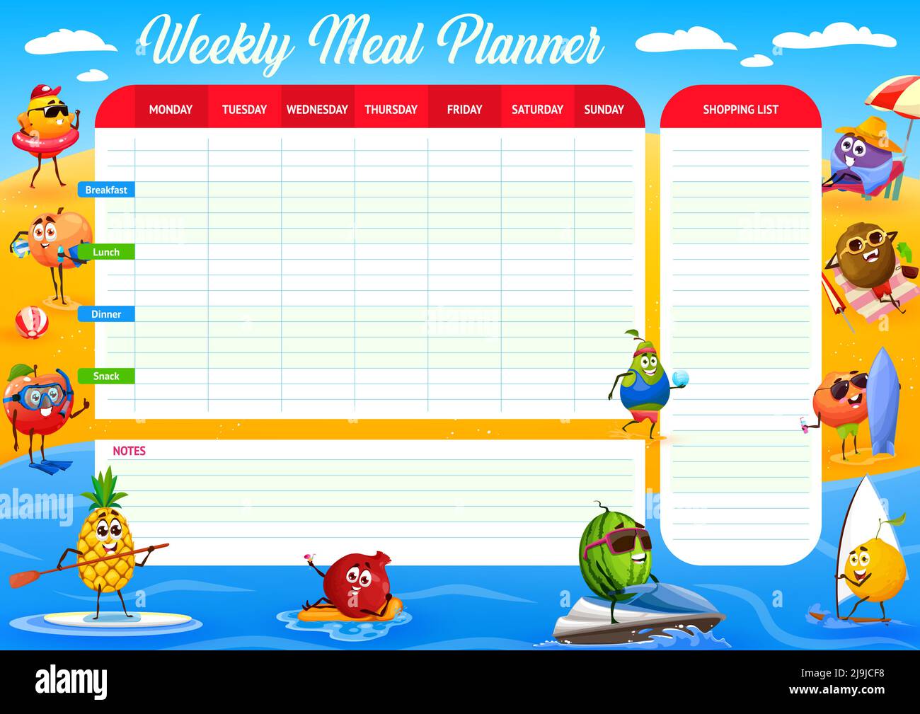 Cartoon raw fruits on summer beach vacation weekly meal planner ...