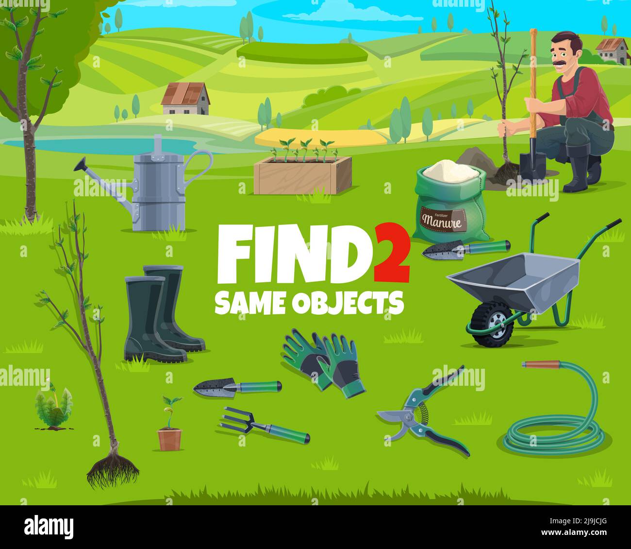 Find two same farmer tools kids game worksheet. Cartoon vector ...