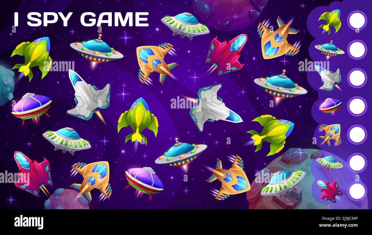 Cartoon galaxy planets, UFO and spaceships. I spy game worksheet, kids ...