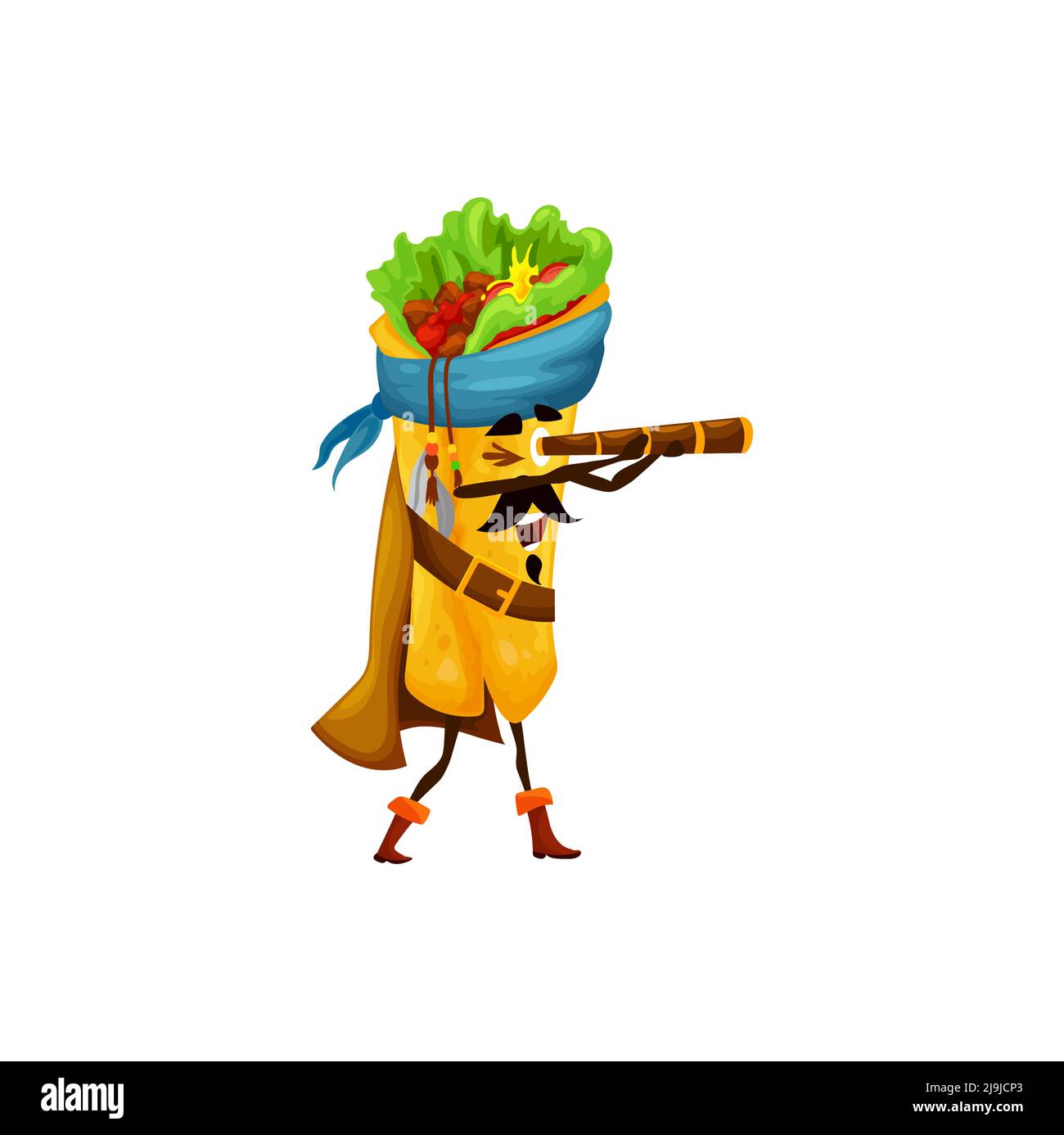 Cartoon burrito pirate captain personage with spyglass. Vector mexican ...