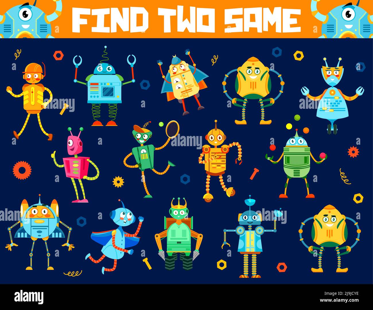 Find two same cartoon funny robots. Game worksheet, child logical ...