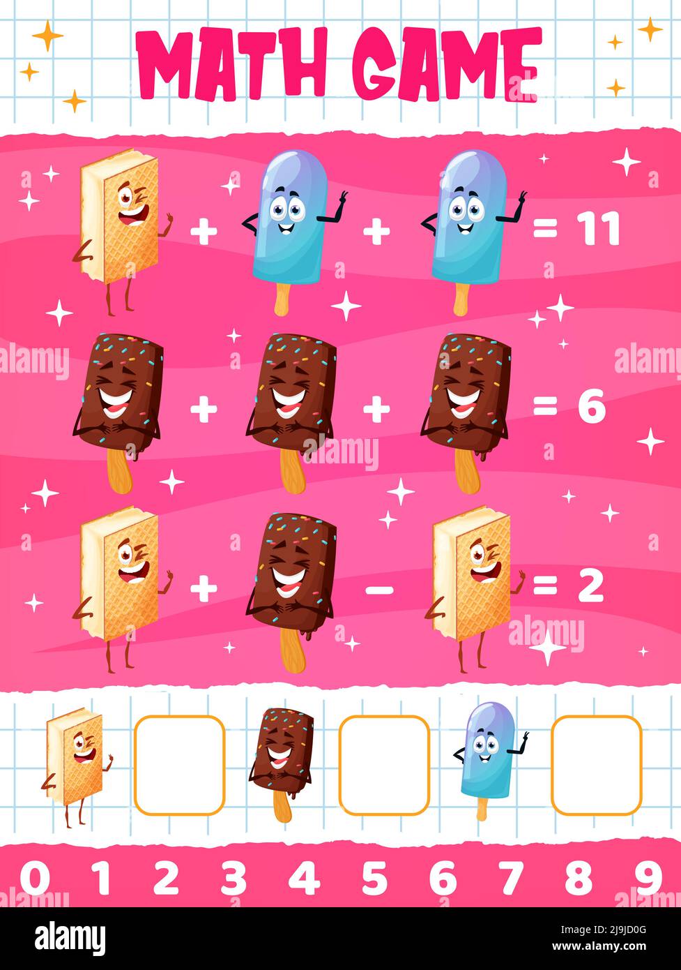 Cartoon funny ice cream dessert characters math game worksheet. Vector ...