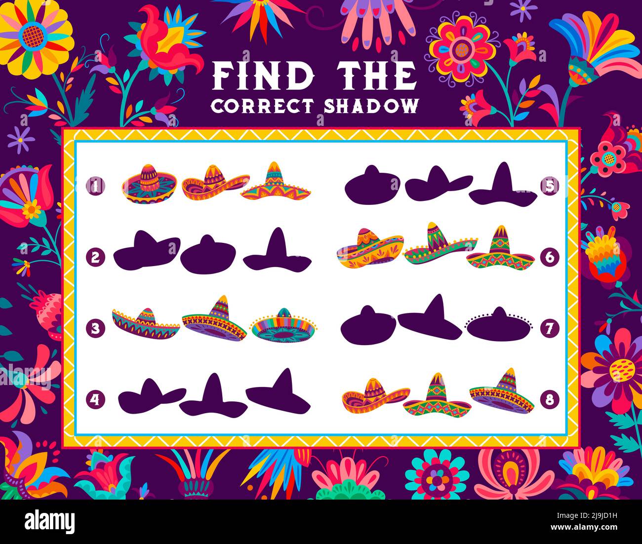 Find the correct shadow of mexican sombrero hat. Kids game worksheet ...