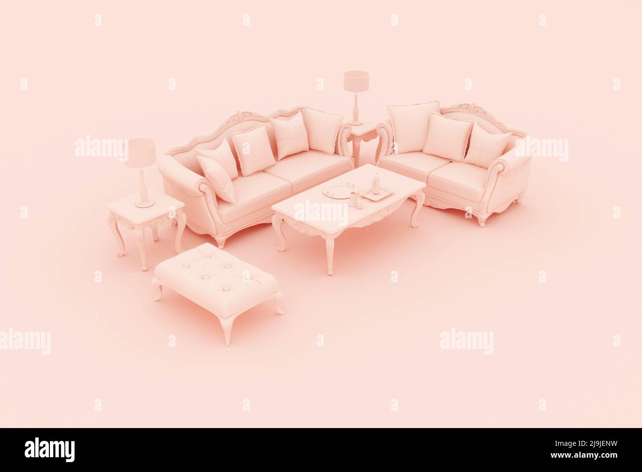 Light pink interior living room composed of sofa and table. Flat style ...