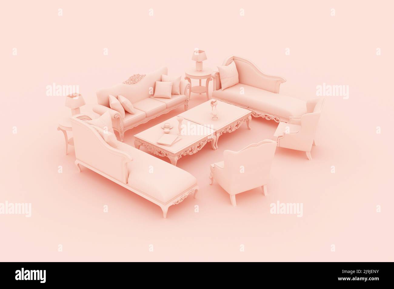 Light pink interior living room composed of sofa and table. Flat style ...