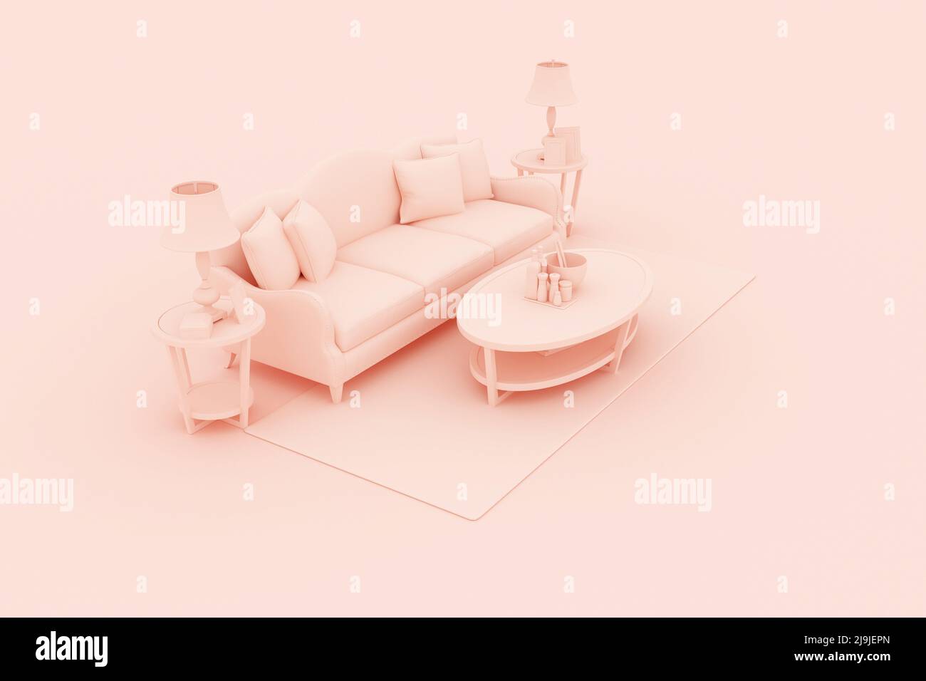 Light pink interior living room composed of sofa and table. Flat style ...