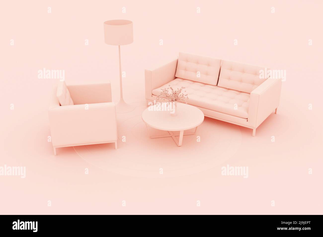 Light pink interior living room composed of sofa and table. Flat style ...