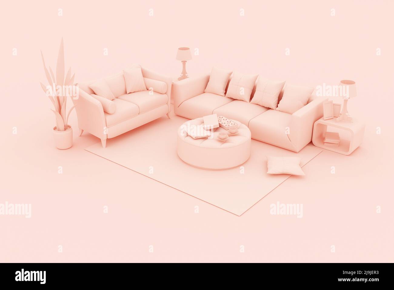 Light pink interior living room composed of sofa and table. Flat style ...