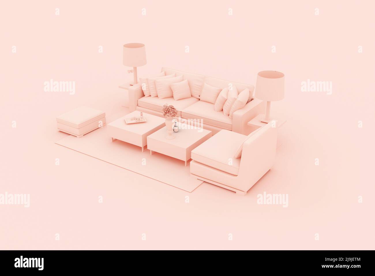 Light pink interior living room composed of sofa and table. Flat style ...