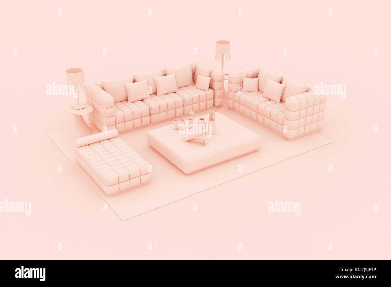 Light pink interior living room composed of sofa and table. Flat style ...