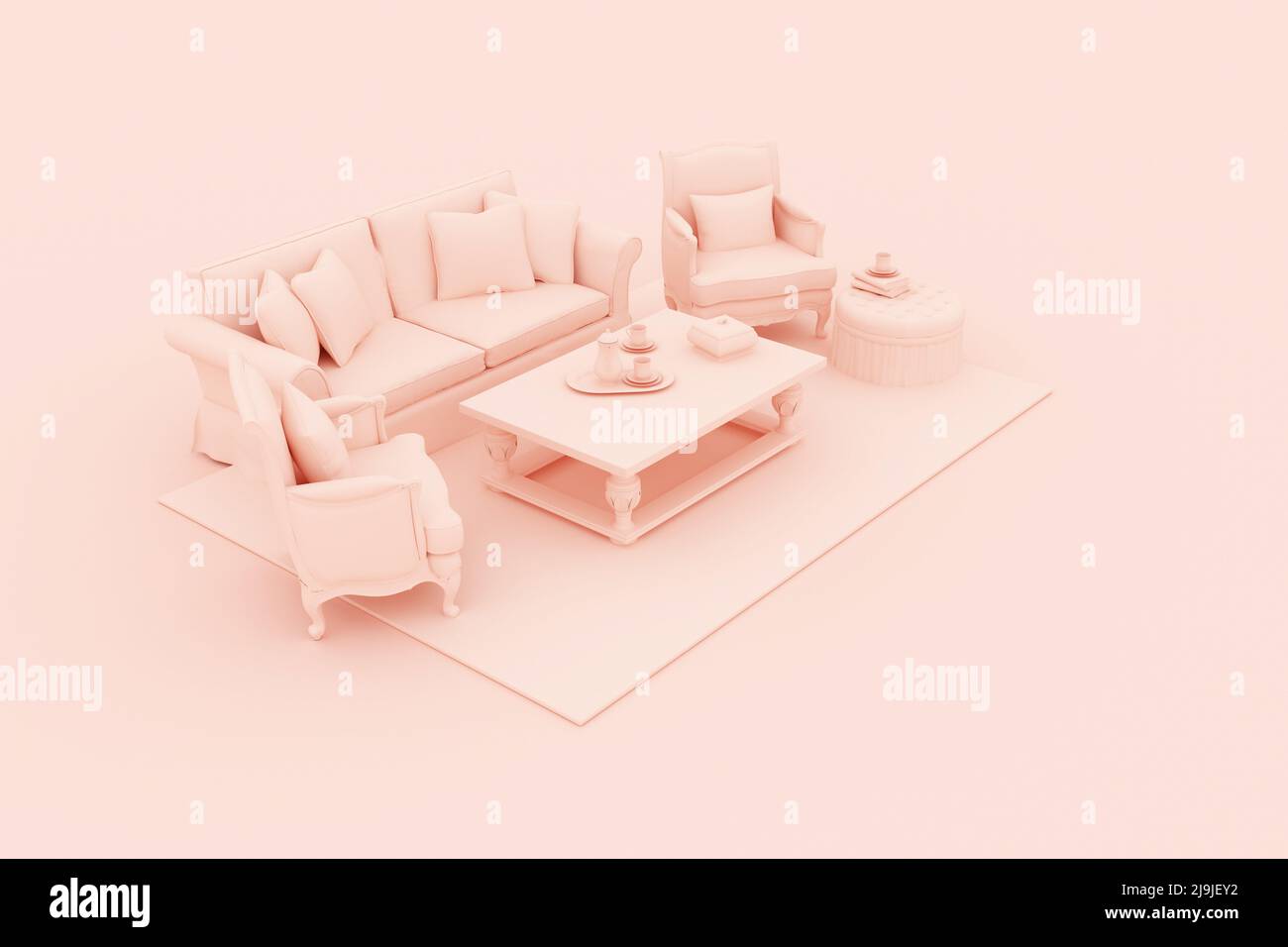 Light pink interior living room composed of sofa and table. Flat style ...
