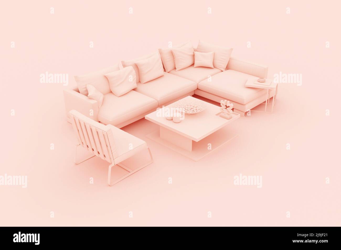 Light pink interior living room composed of sofa and table. Flat style ...