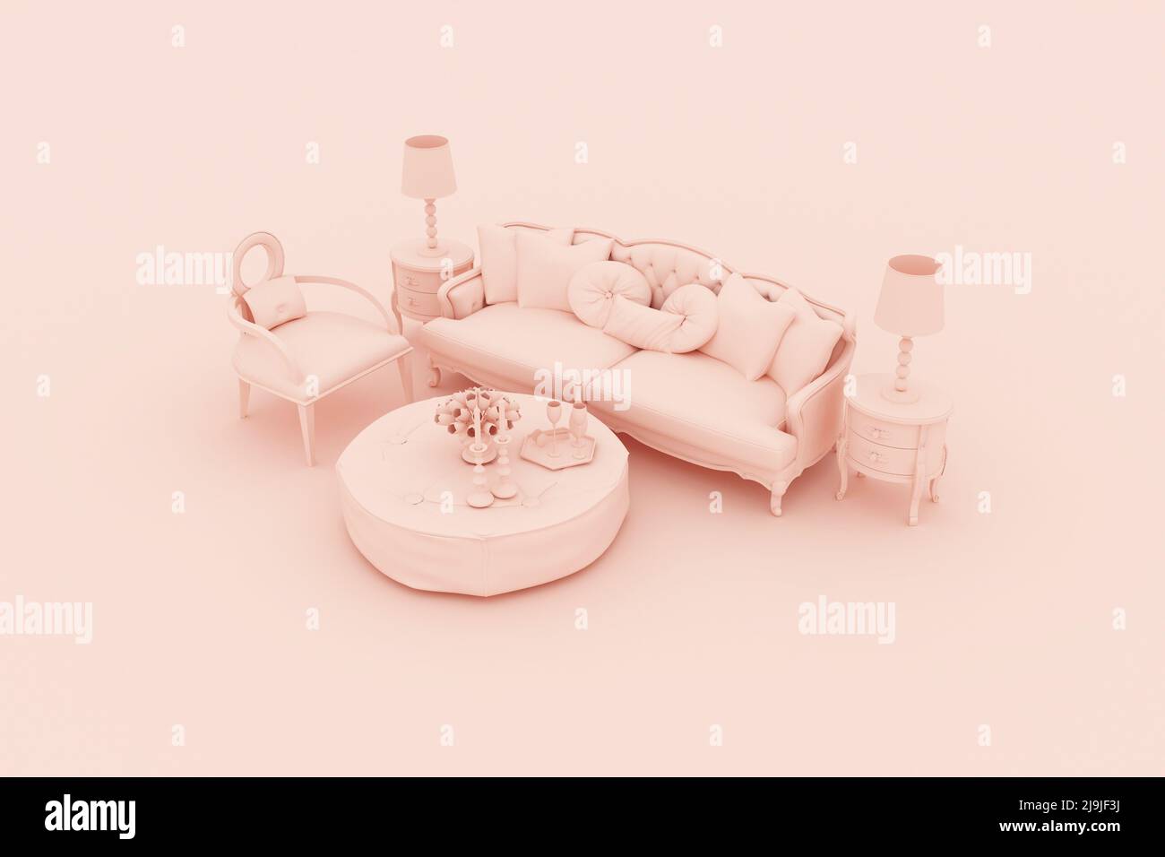 Light pink interior living room composed of sofa and table. Flat style ...