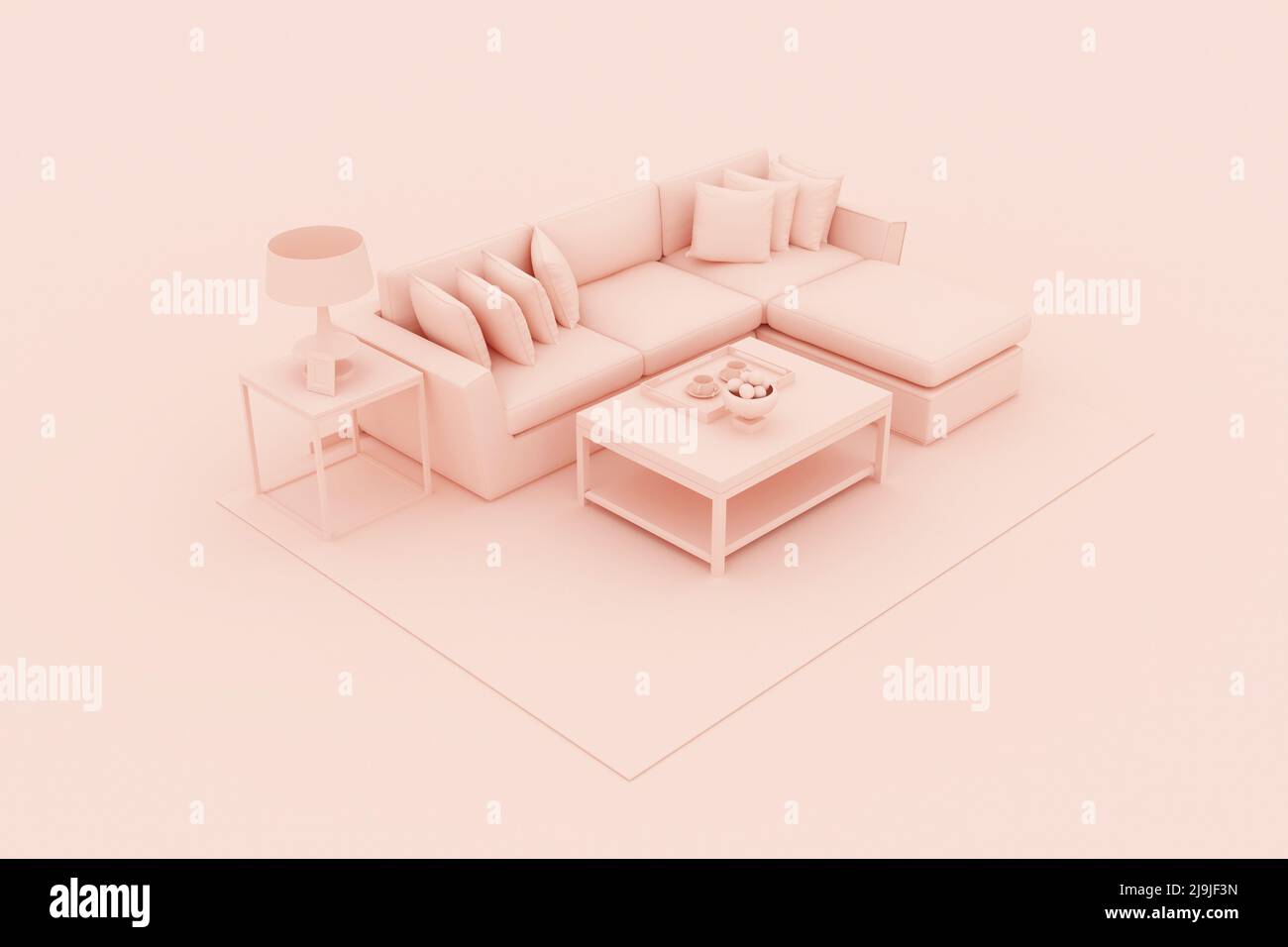 Light pink interior living room composed of sofa and table. Flat style ...
