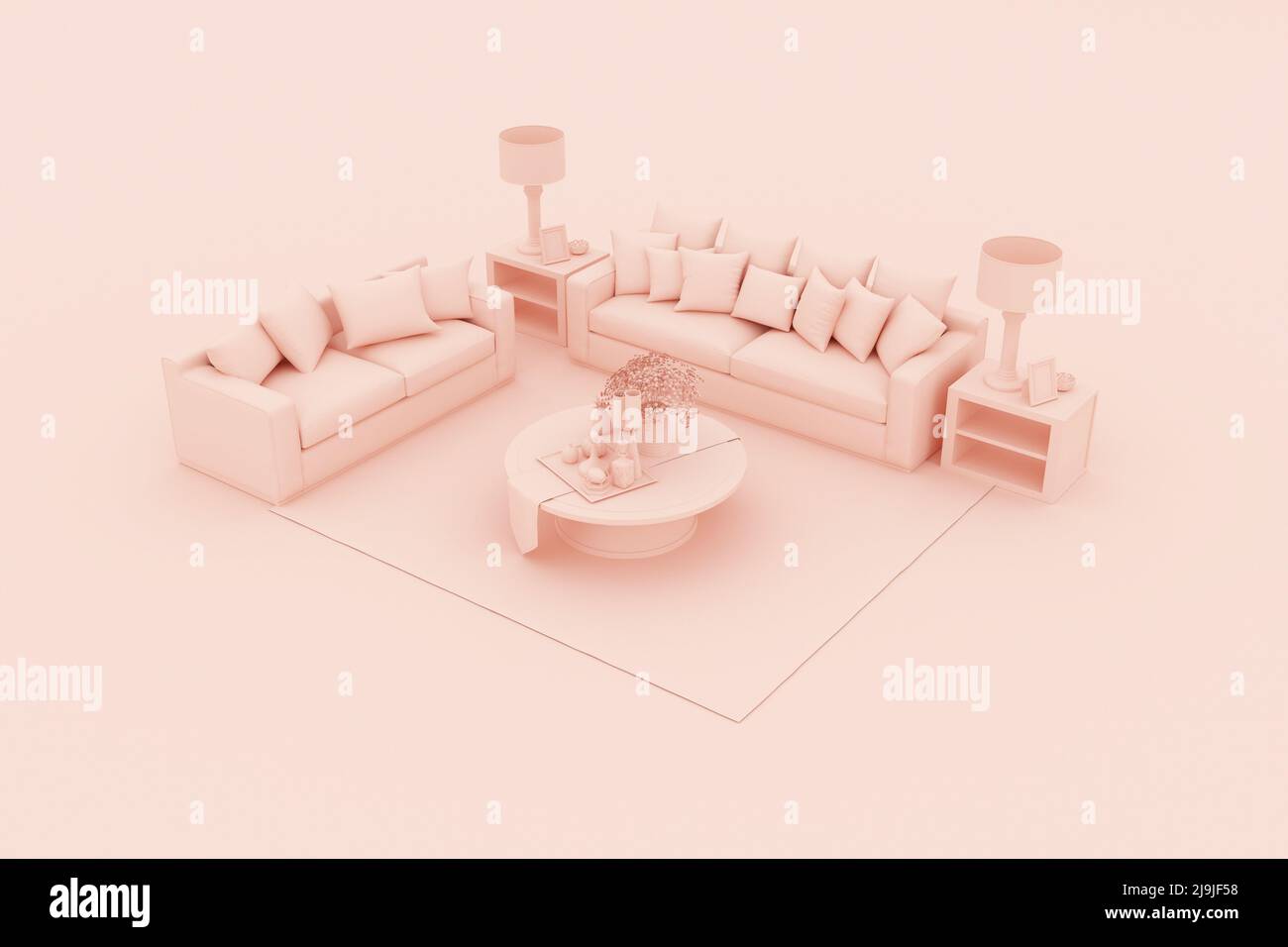 Light pink interior living room composed of sofa and table. Flat style ...
