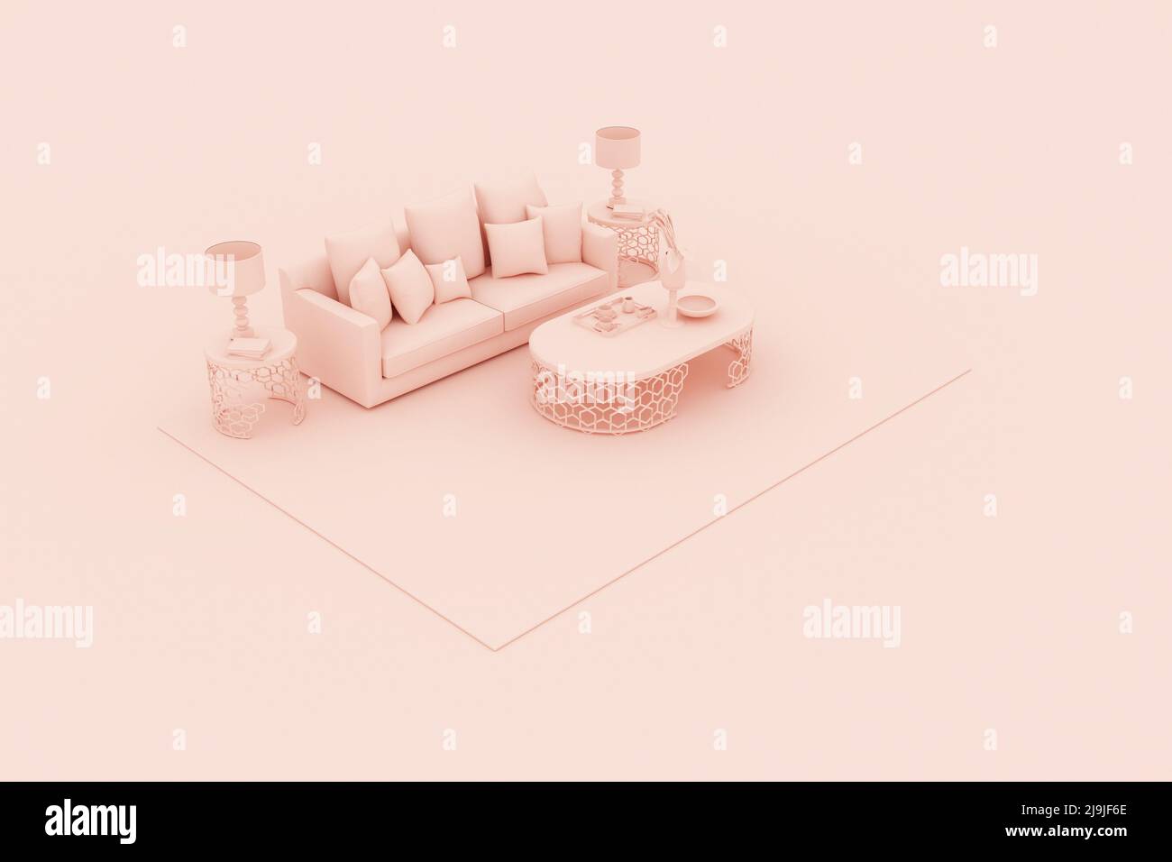 Light pink interior living room composed of sofa and table. Flat style ...