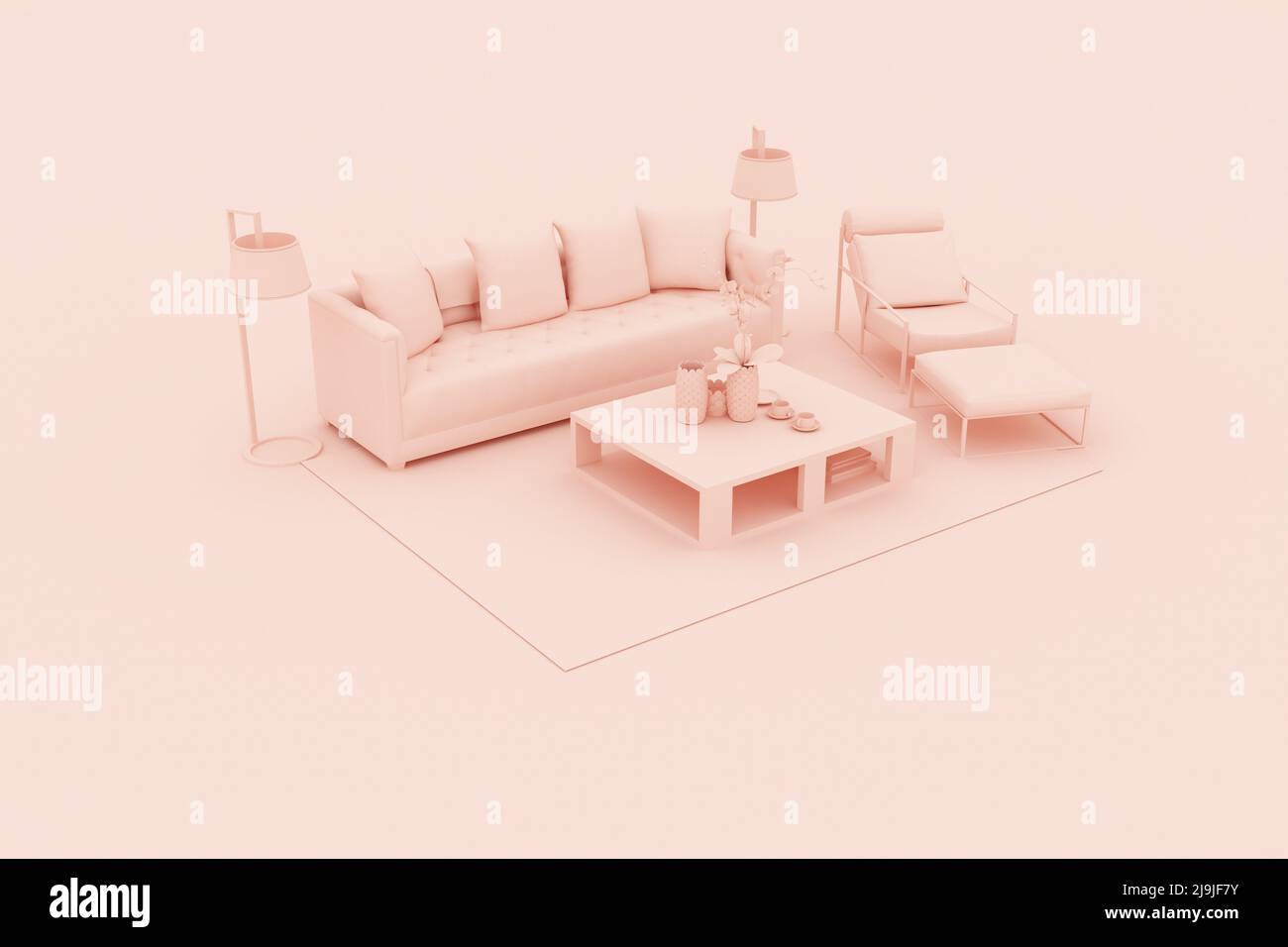 Light pink interior living room composed of sofa and table. Flat style ...