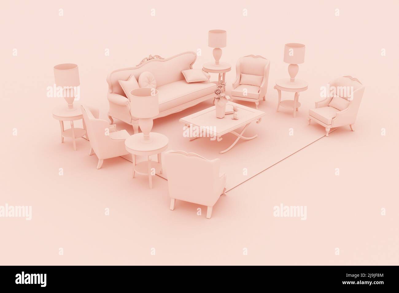 Light pink interior living room composed of sofa and table. Flat style ...
