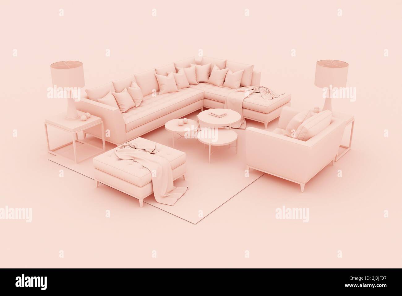 Light pink interior living room composed of sofa and table. Flat style ...