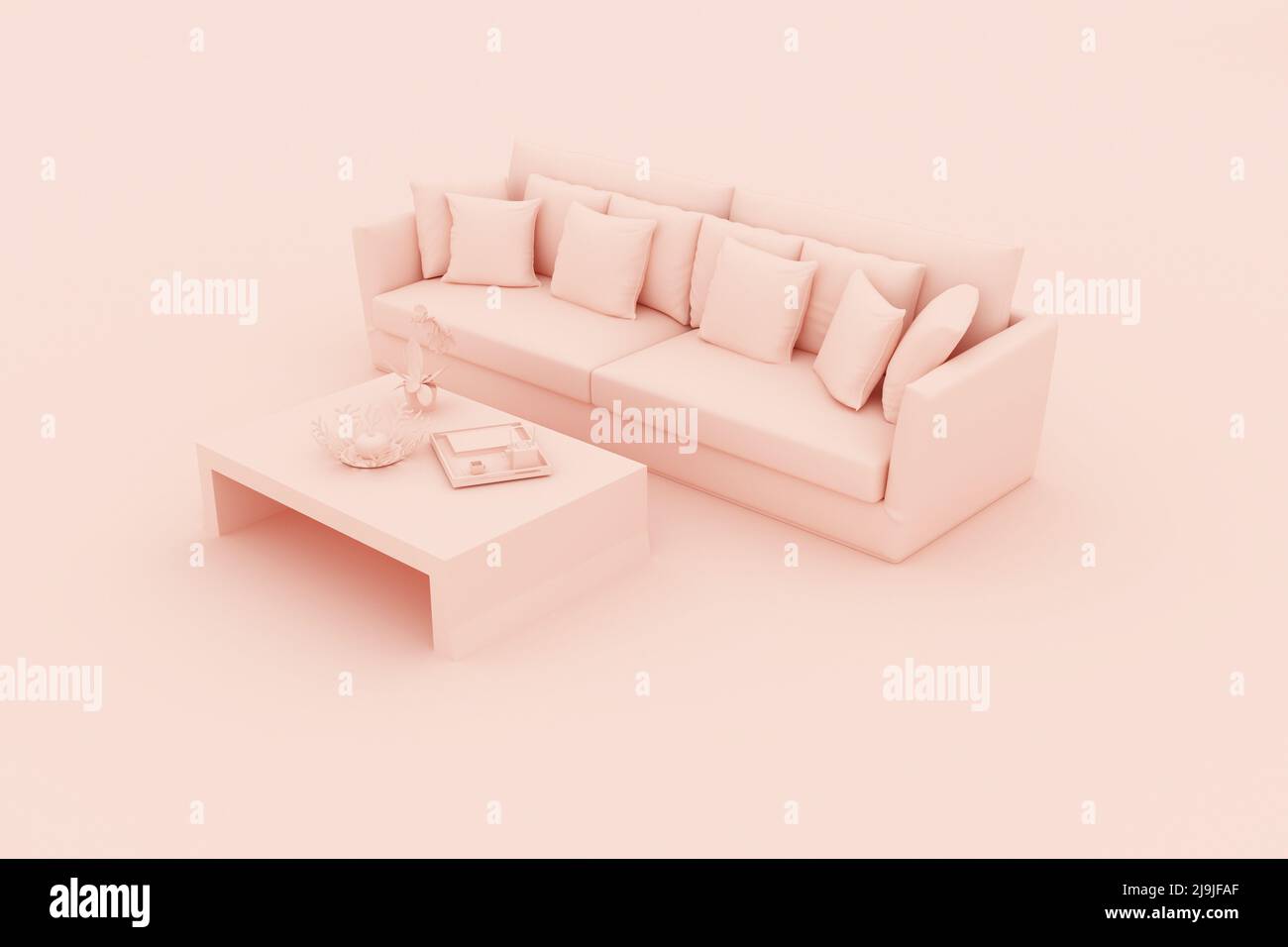 Light pink interior living room composed of sofa and table. Flat style ...
