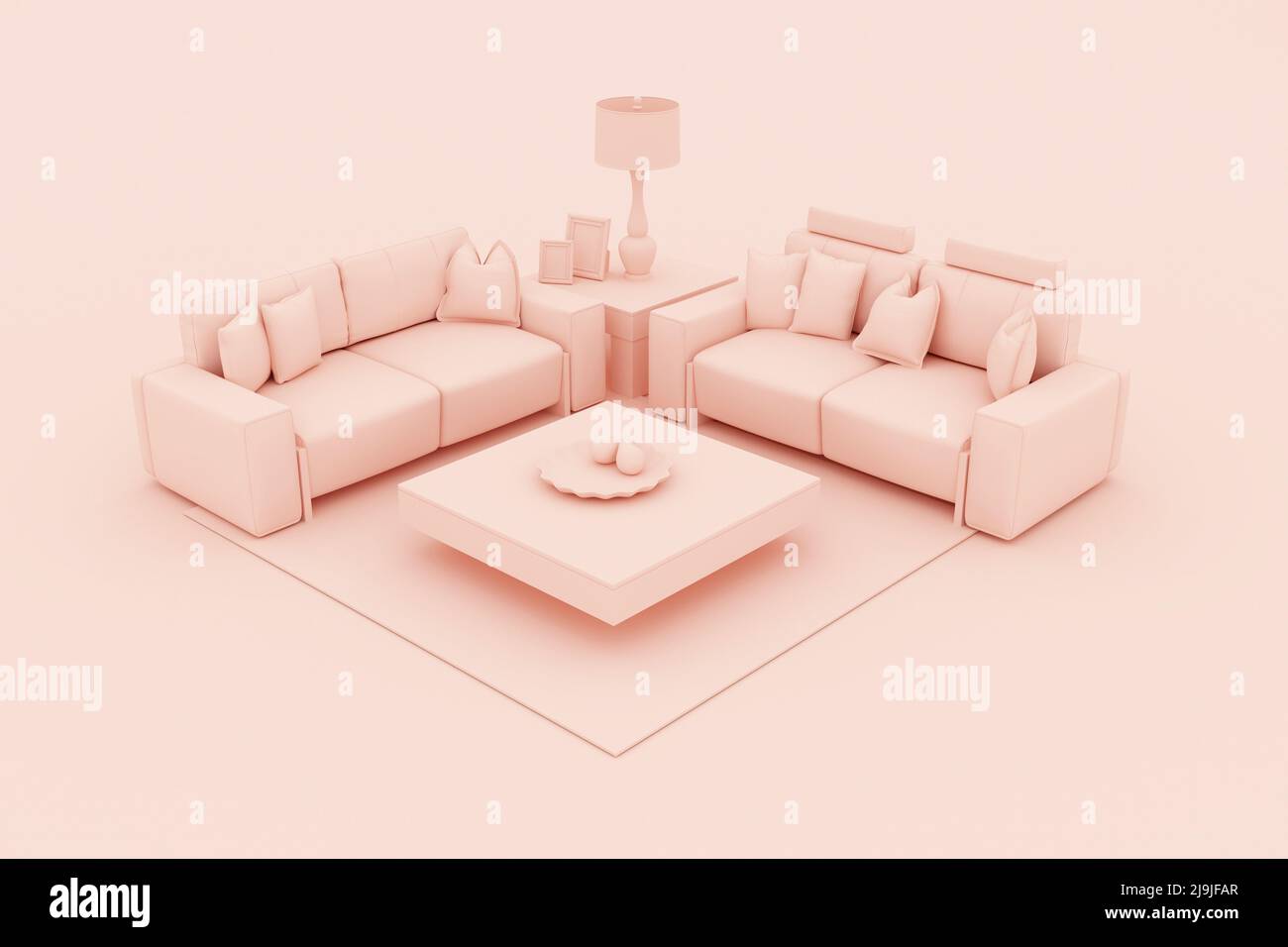 Light pink interior living room composed of sofa and table. Flat style ...