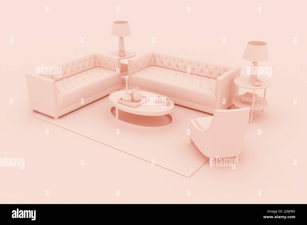 Light pink interior living room composed of sofa and table. Flat style ...