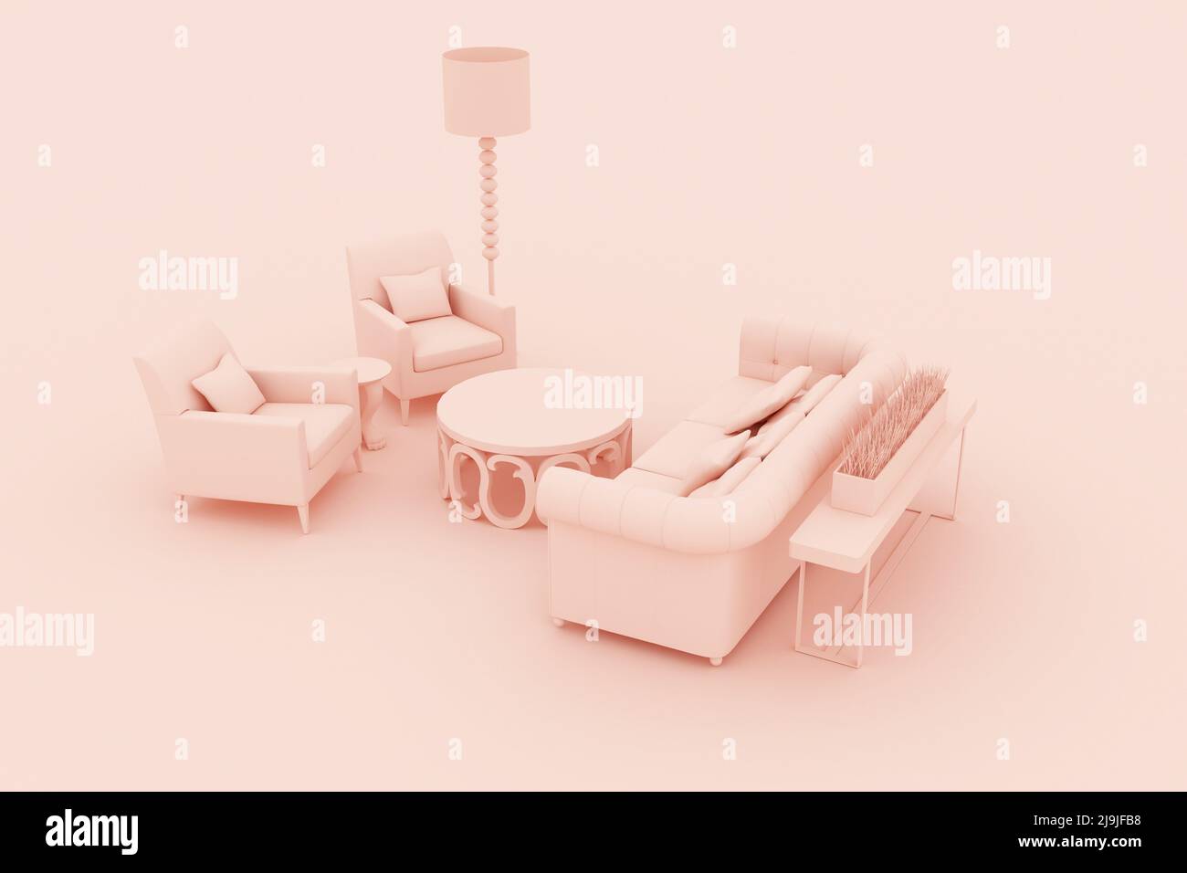 Light pink interior living room composed of sofa and table. Flat style ...