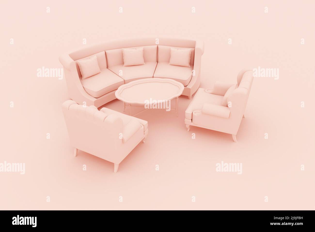 Light pink interior living room composed of sofa and table. Flat style ...