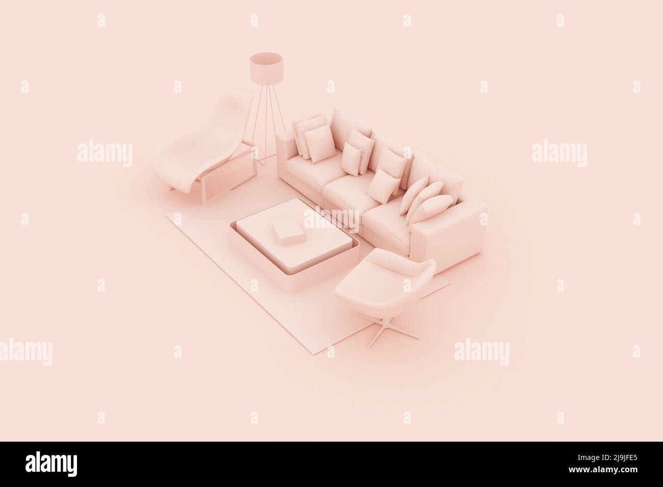 Light pink interior living room composed of sofa and table. Flat style ...