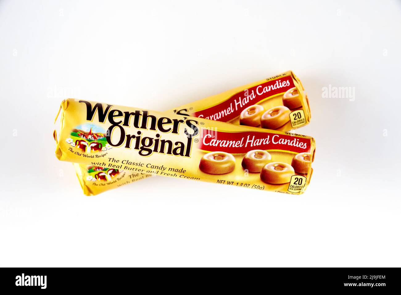 Top view of Werthers Original classic caramel hard candy on white ...