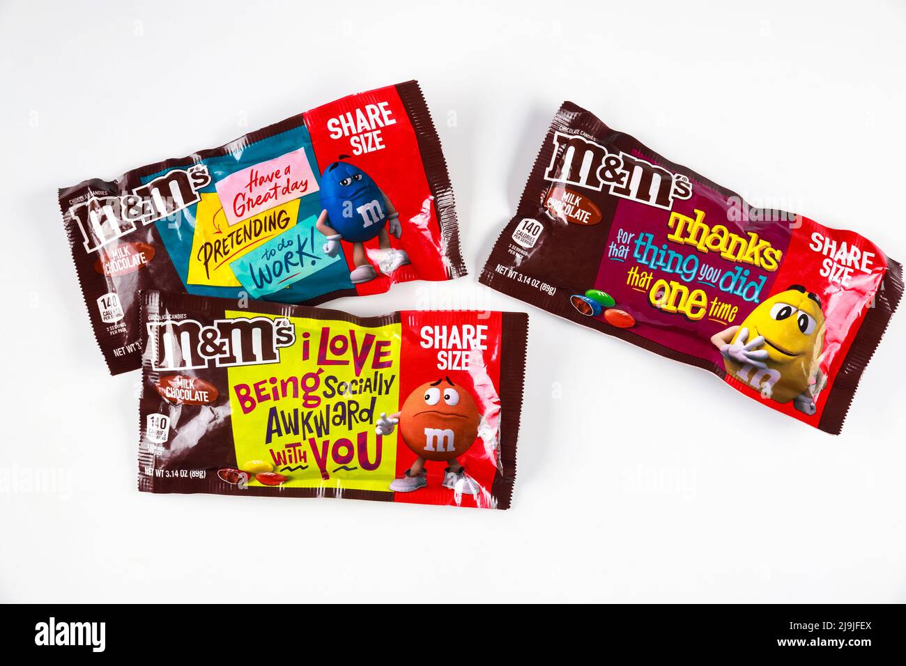 Variety of MMs colorful milk chocolate candy with message on package ...