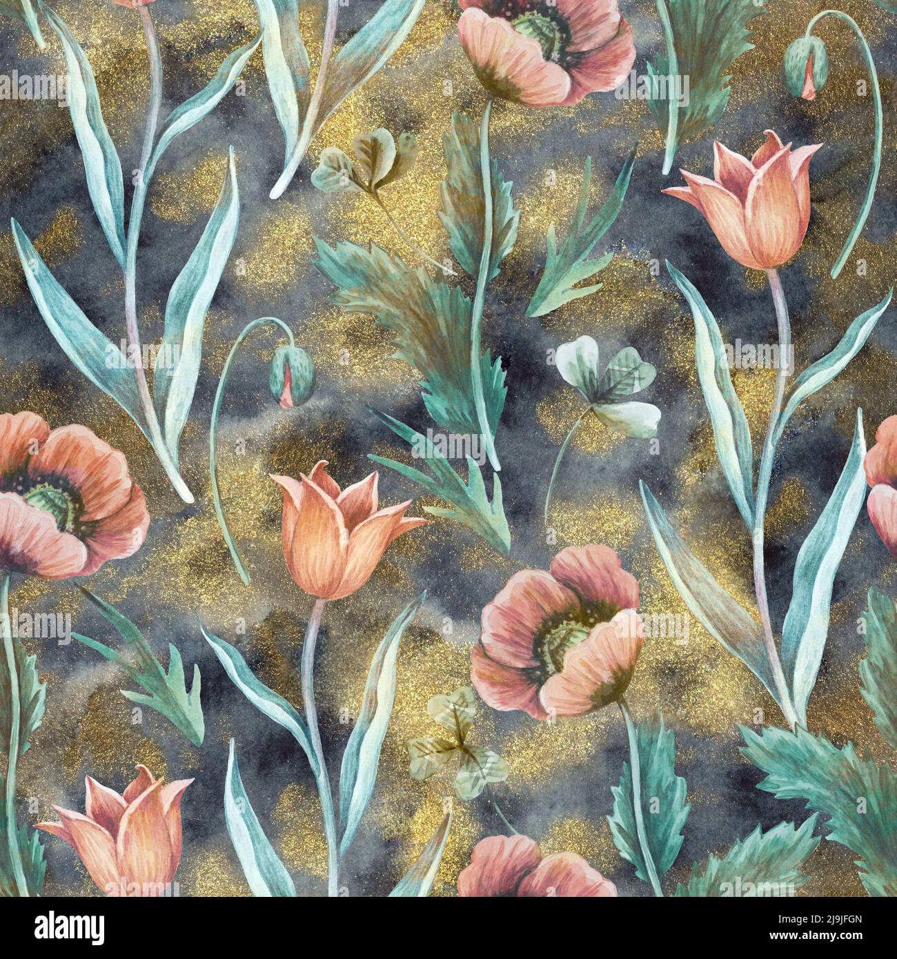 Golden elegant luxury background with meadow flowers, poppy and tulip ...