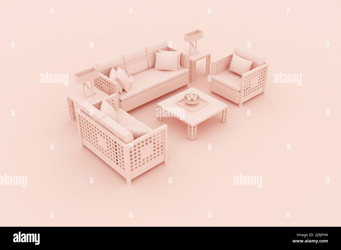 Light pink interior living room composed of sofa and table. Flat style ...