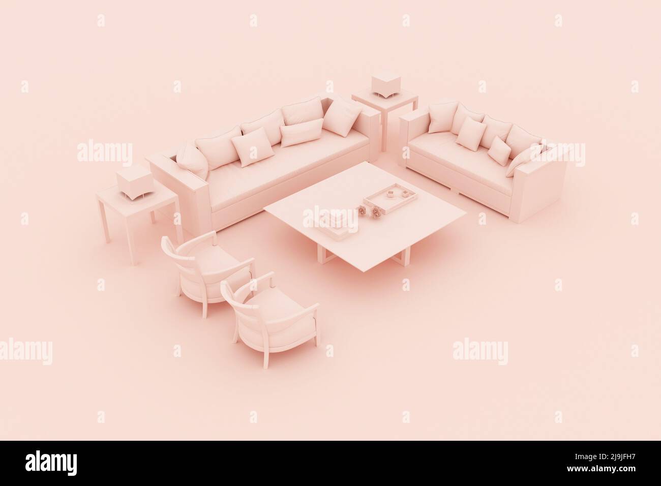 Light pink interior living room composed of sofa and table. Flat style ...