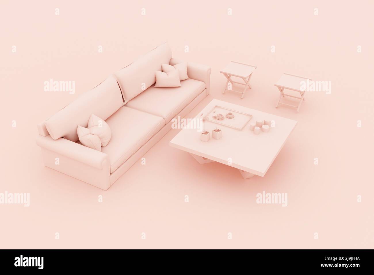 Light pink interior living room composed of sofa and table. Flat style ...