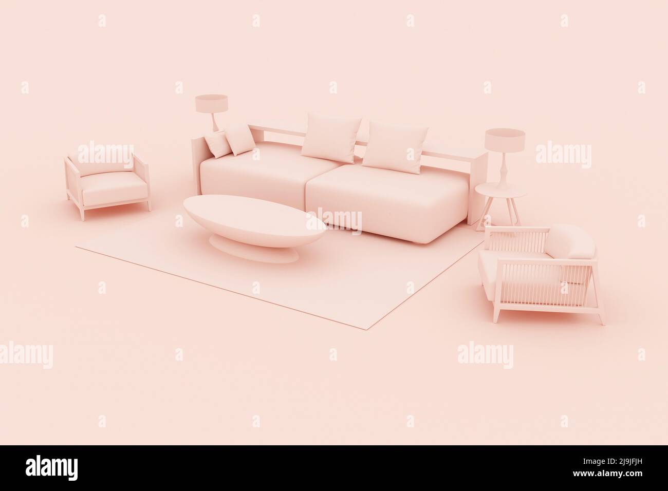 Light pink interior living room composed of sofa and table. Flat style ...