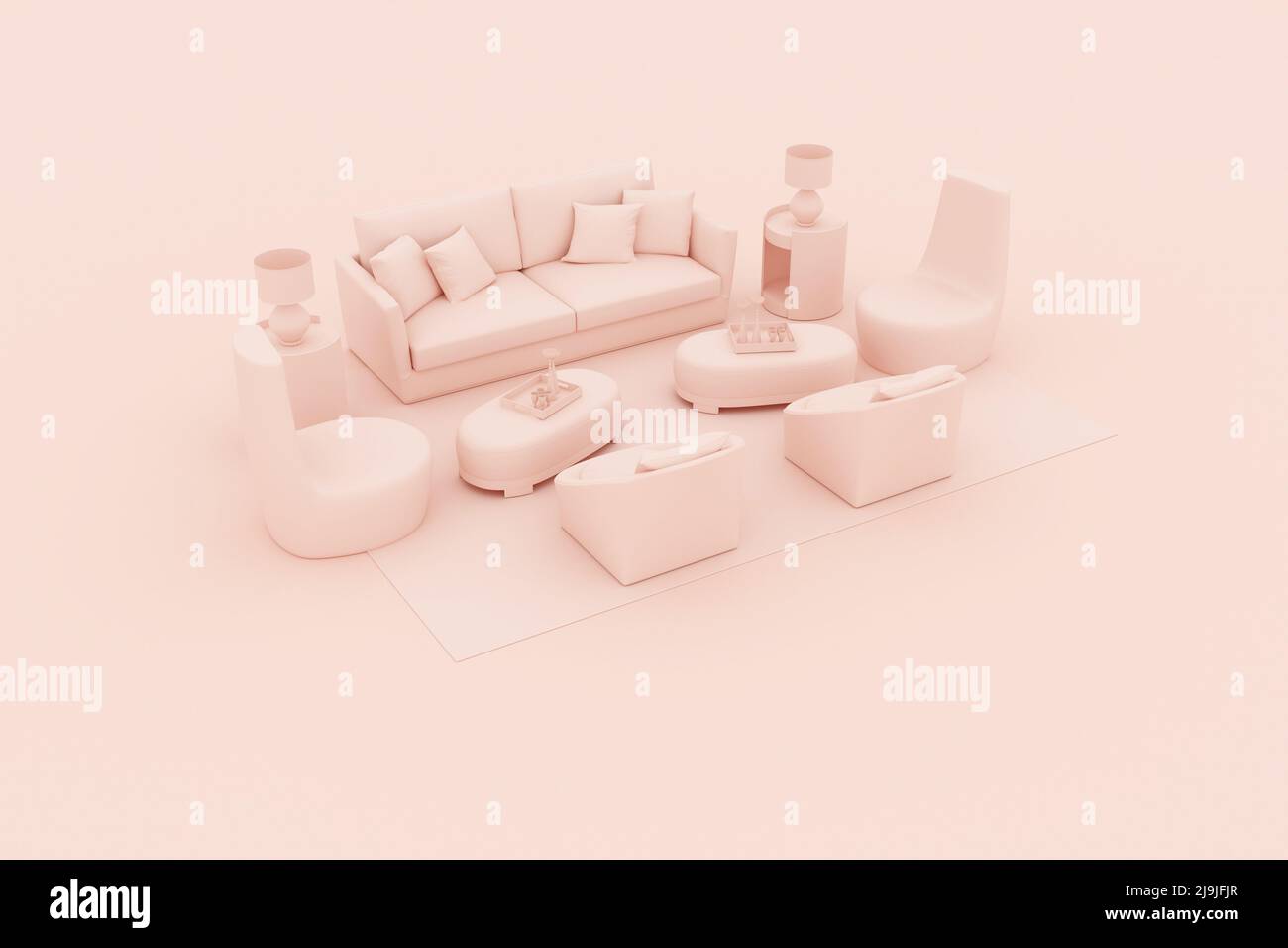 Light pink interior living room composed of sofa and table. Flat style ...
