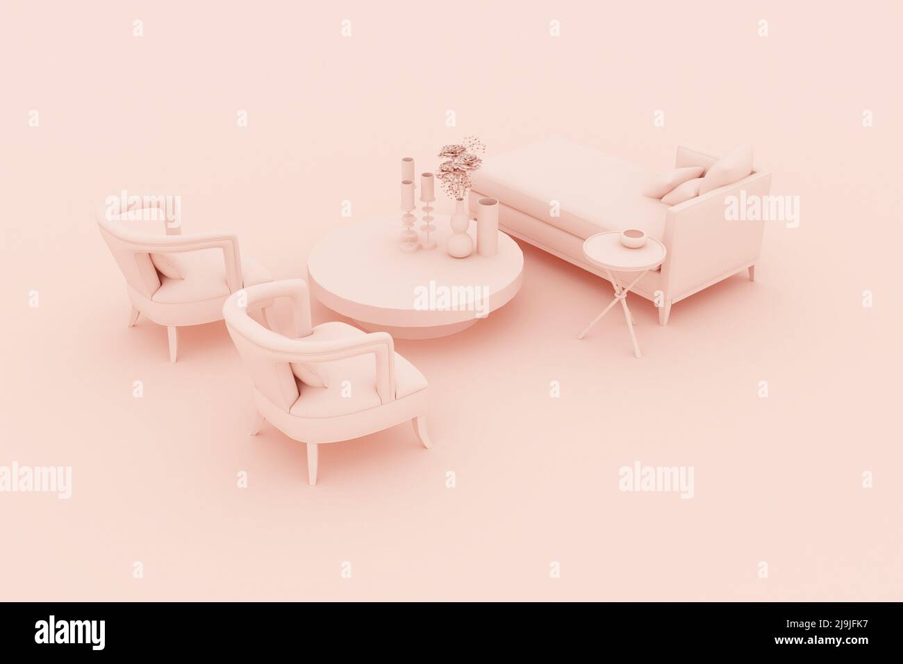 Light pink interior living room composed of sofa and table. Flat style ...