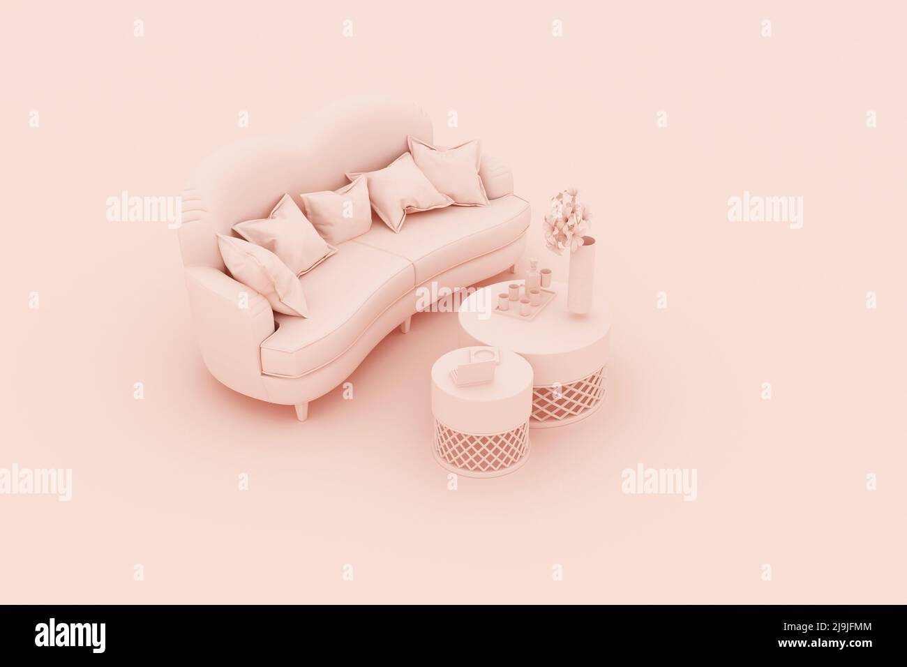 Light pink interior living room composed of sofa and table. Flat style ...