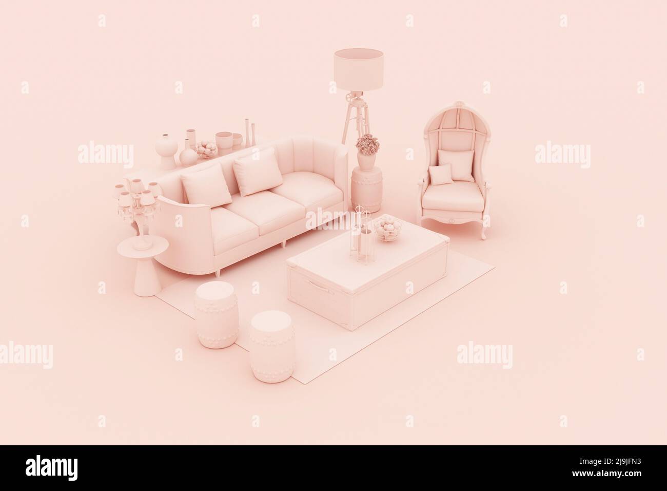 Light pink interior living room composed of sofa and table. Flat style ...