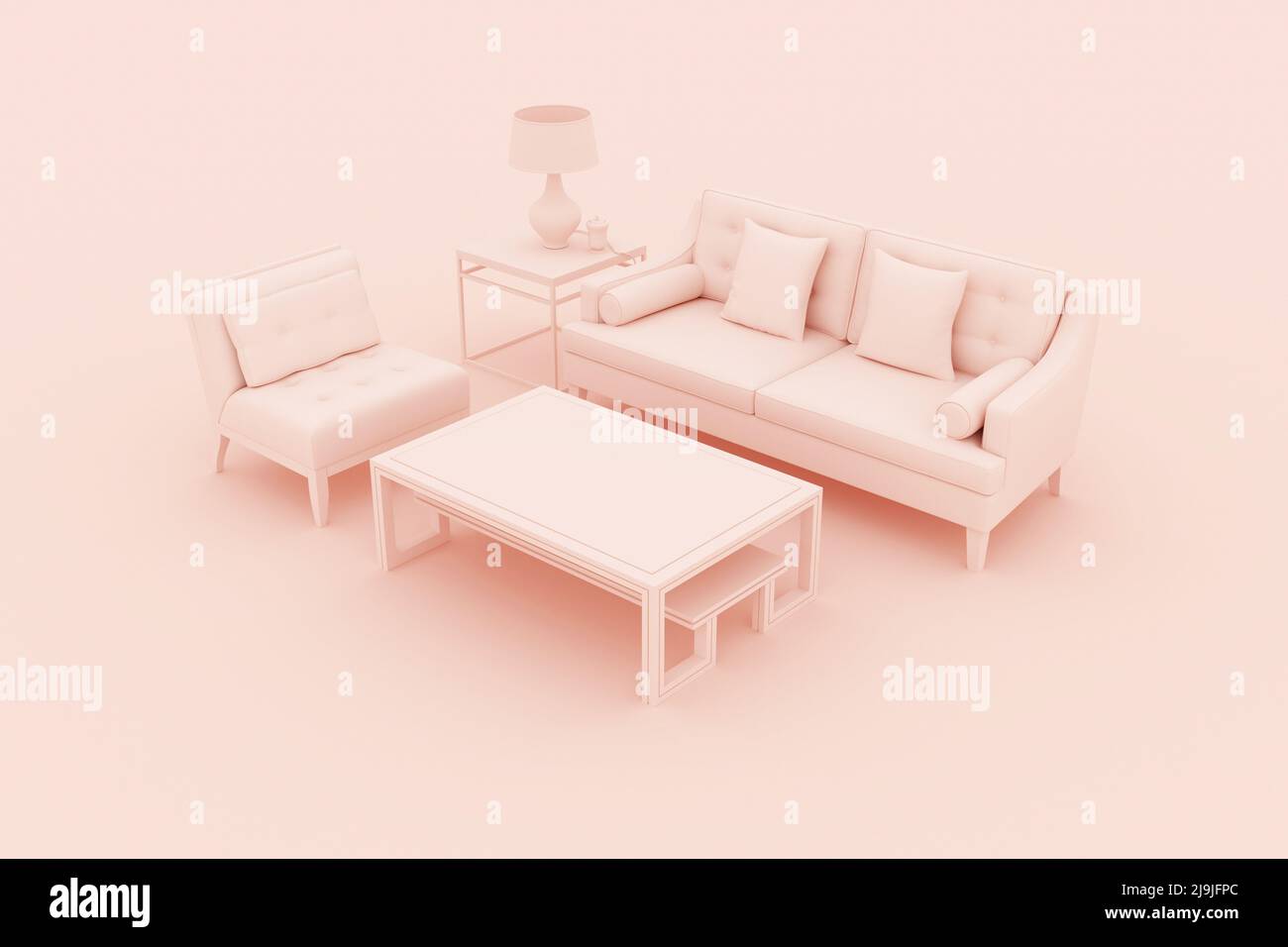 Light pink interior living room composed of sofa and table. Flat style ...