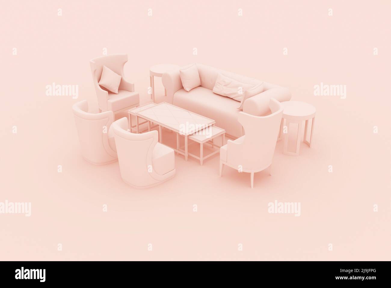 Light pink interior living room composed of sofa and table. Flat style ...