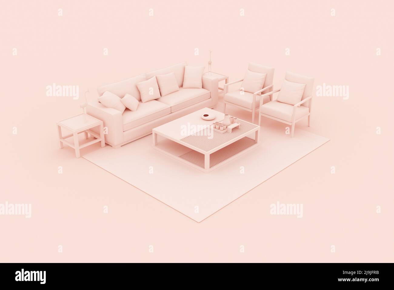 Light pink interior living room composed of sofa and table. Flat style ...