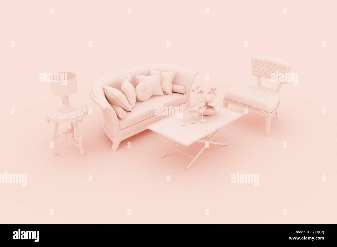 Light pink interior living room composed of sofa and table. Flat style ...