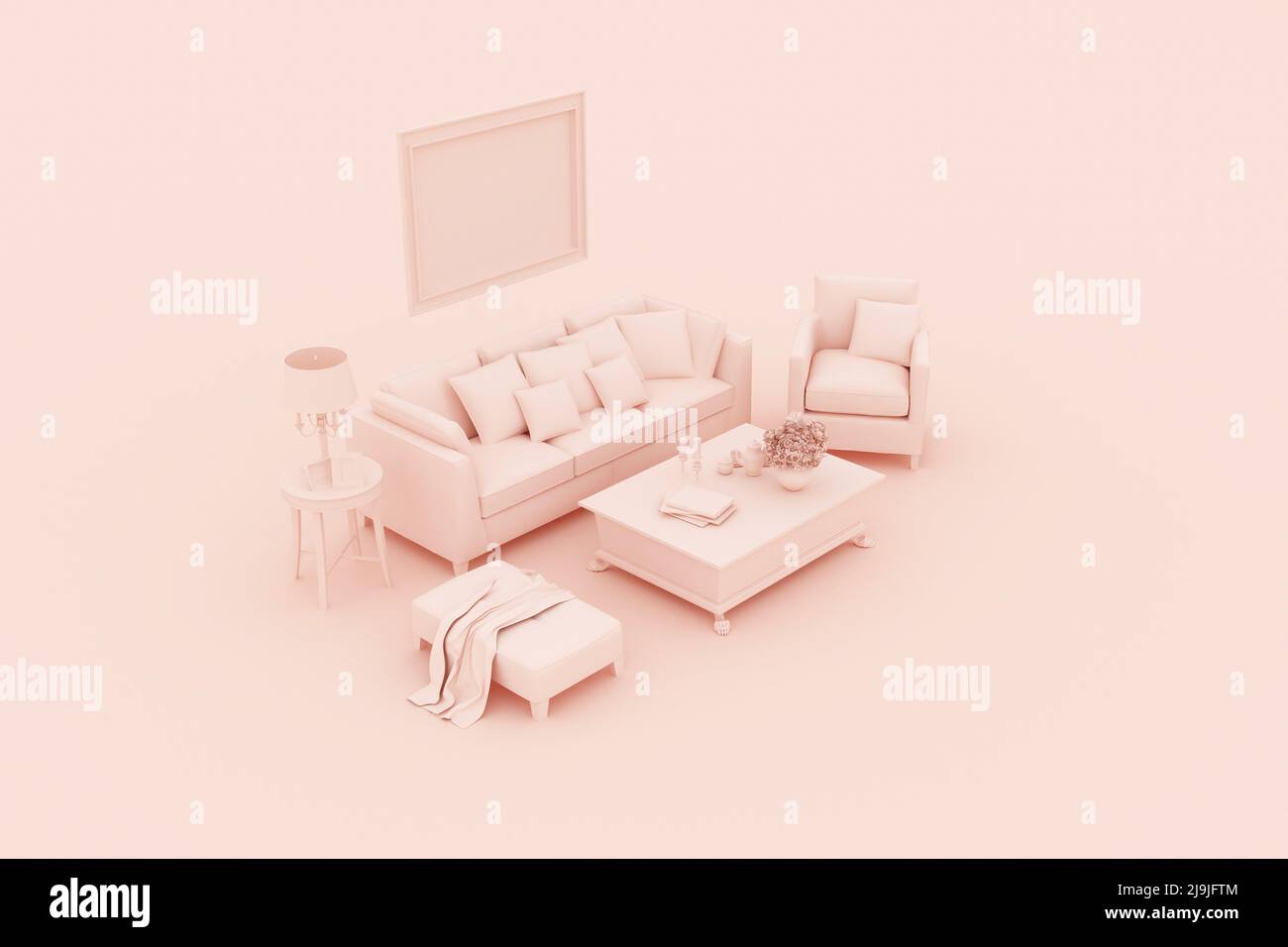 Light pink interior living room composed of sofa and table. Flat style ...