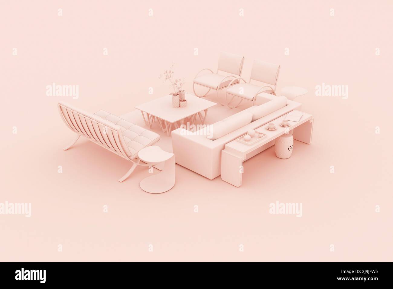 Light pink interior living room composed of sofa and table. Flat style ...