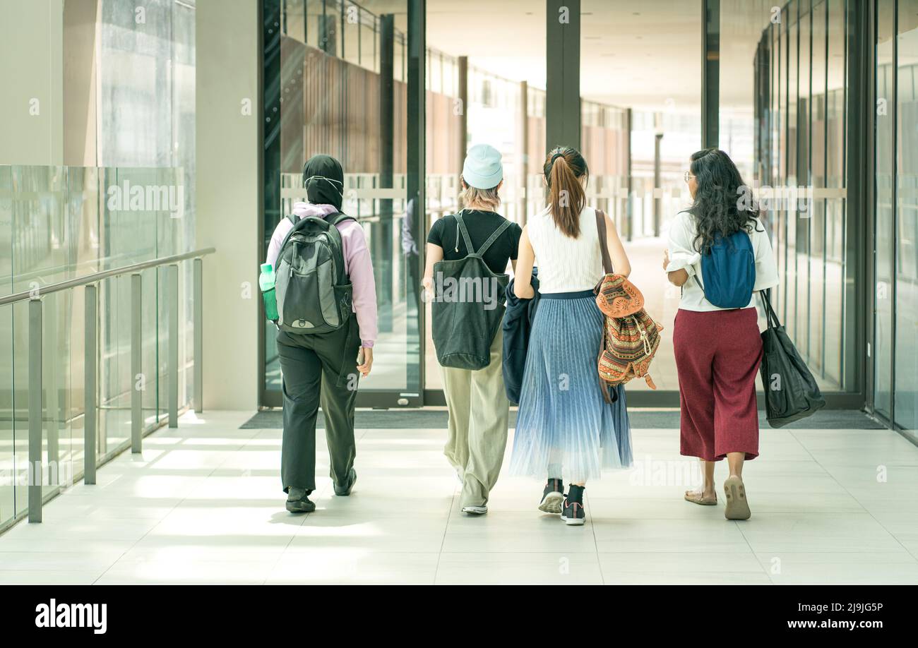 Group of college student friends walking together in hall. Back view ...