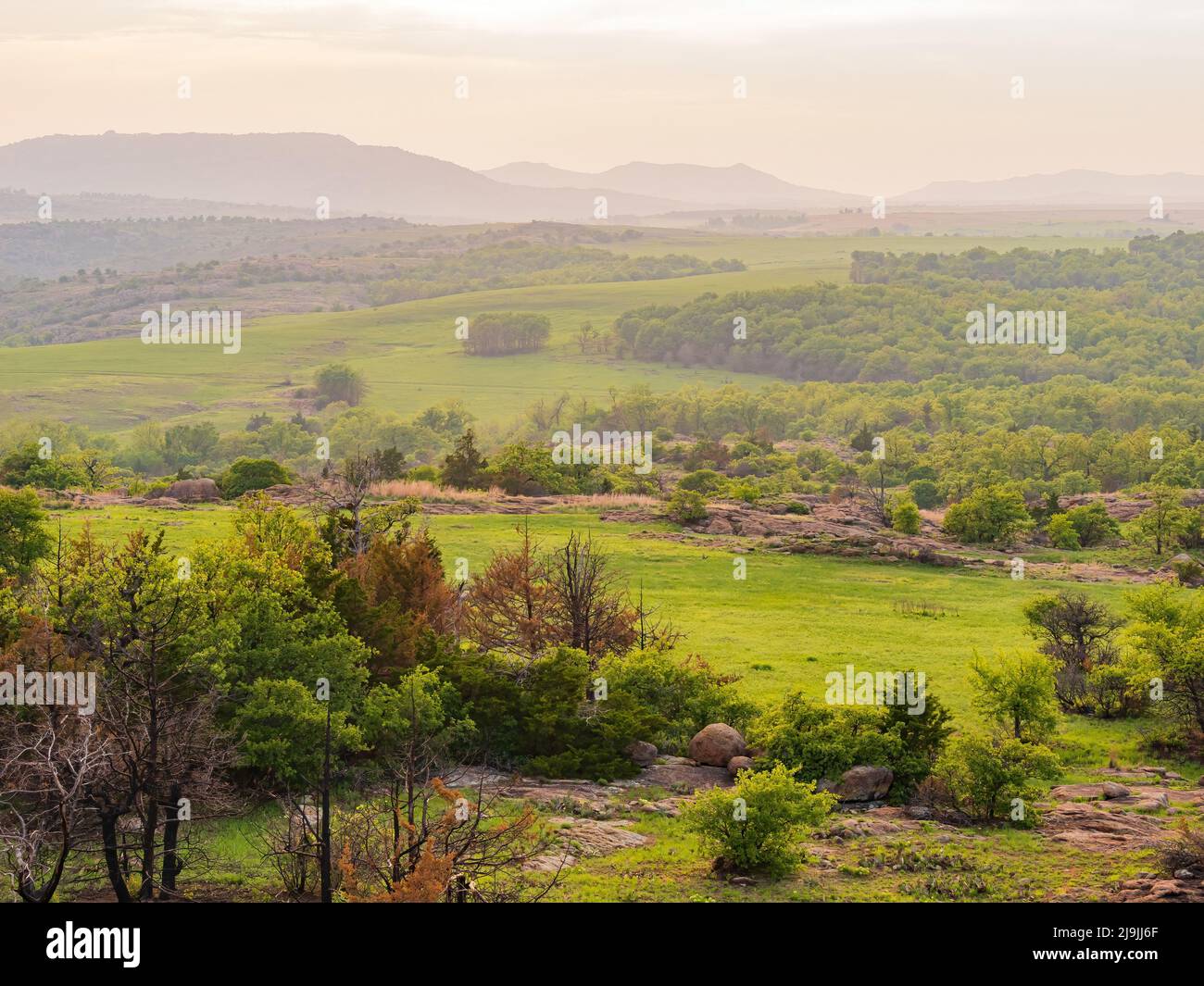 Sunny view of the landscape around Wichita Mountains Wildlife Refuge at ...