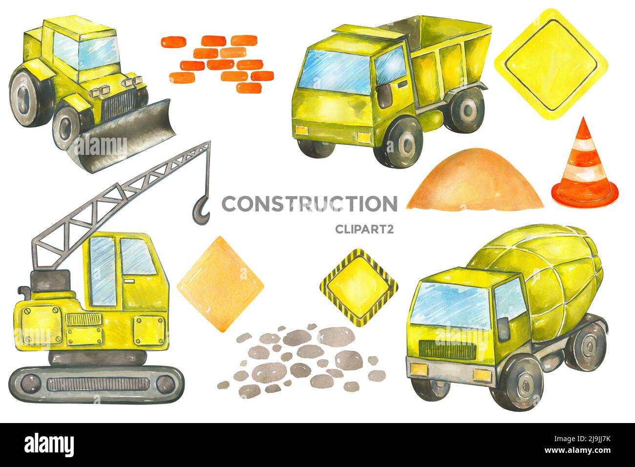 A Set of Yellow Construction Equipment Watercolor Construction clipart ...
